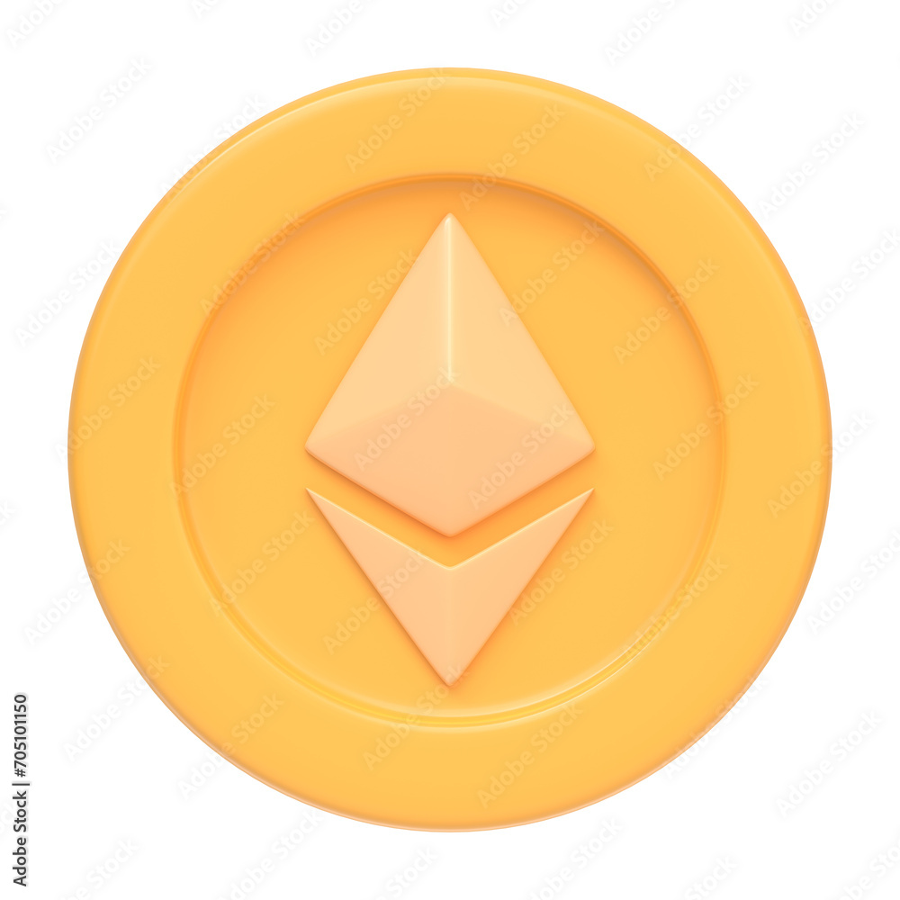 Ethereum token isolated on white background. 3D icon, sign and symbol ...