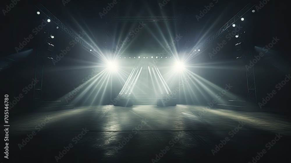 Rock concert stage, backdrop for show with spotlights, steam and smoke ...