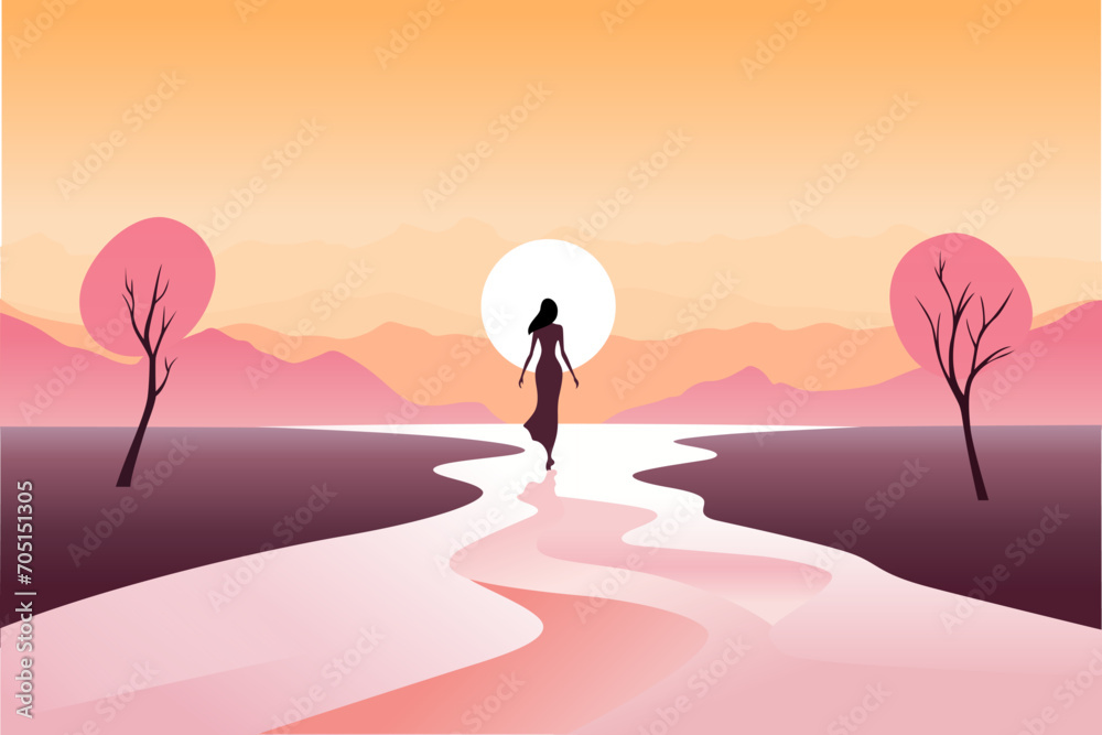 woman walking down a path towards sunset, confident woman going forward ...