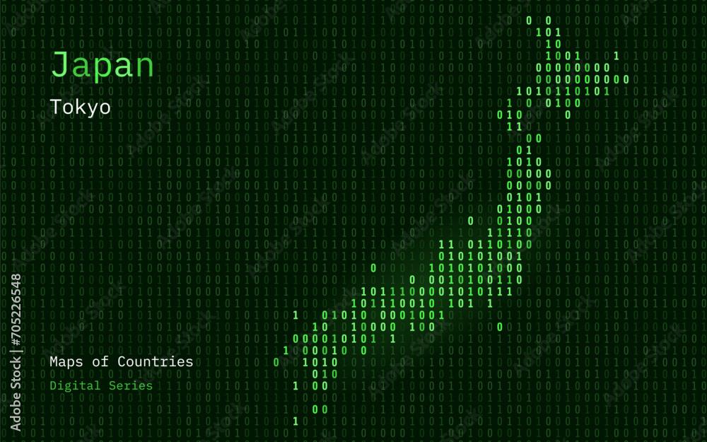Japan Map Shown in Binary Code Pattern. TSMC. Blue Matrix numbers, zero, one. World Countries ...