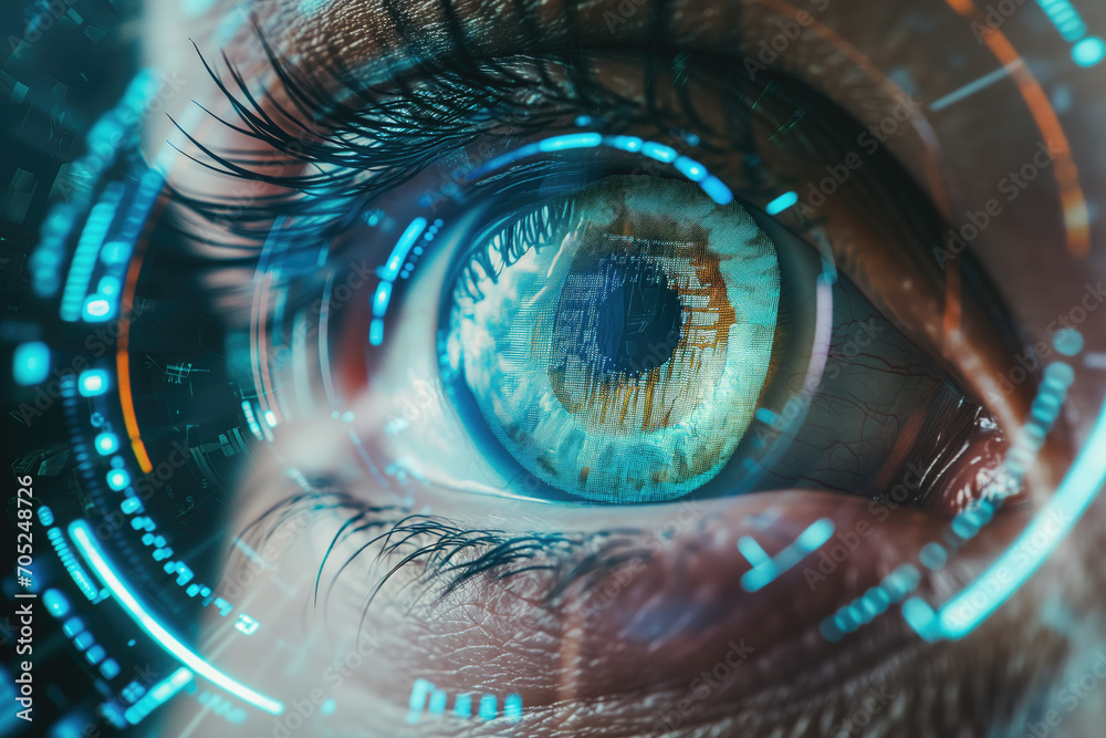 Closeup of a human eye with virtual hologram elements for surveillance ...