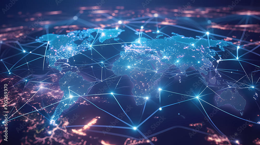 Global business network with world map and connecting flight paths ...