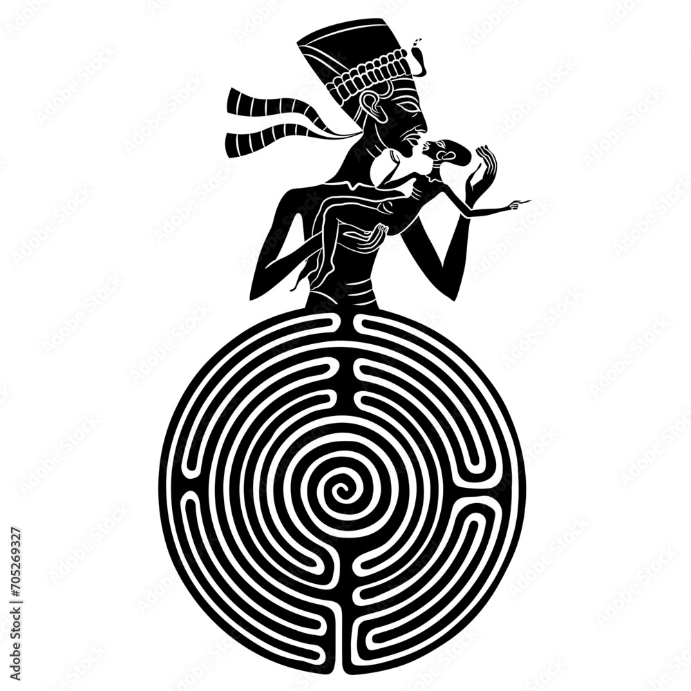 Pharaoh Akhenaton or queen Nefertiti emerging from a round spiral maze ...