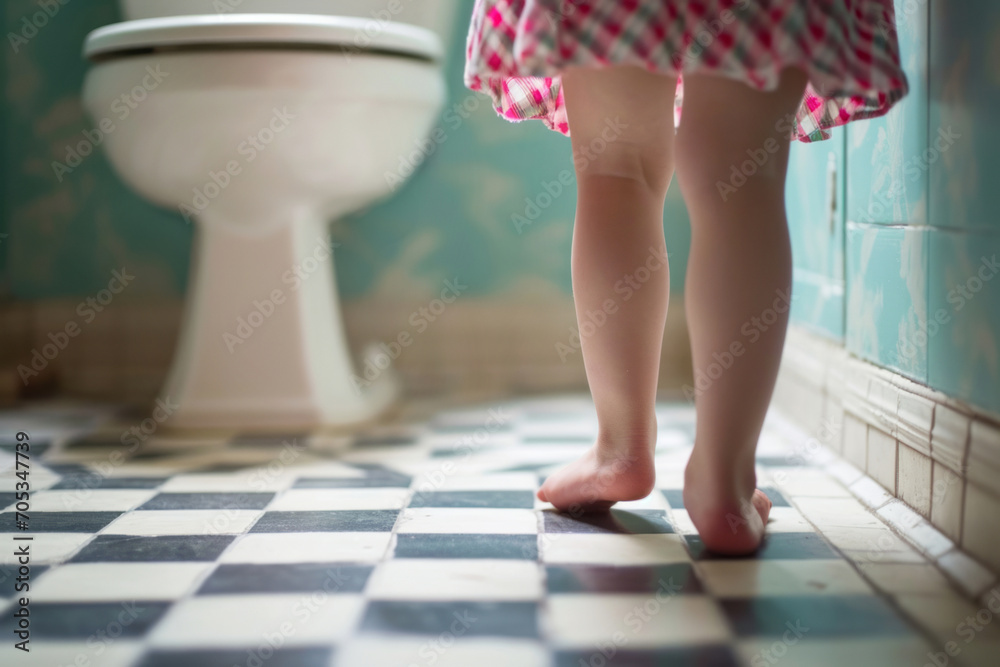 Little girl's legs in a bathroom. Training a toddler to use a toilet ...