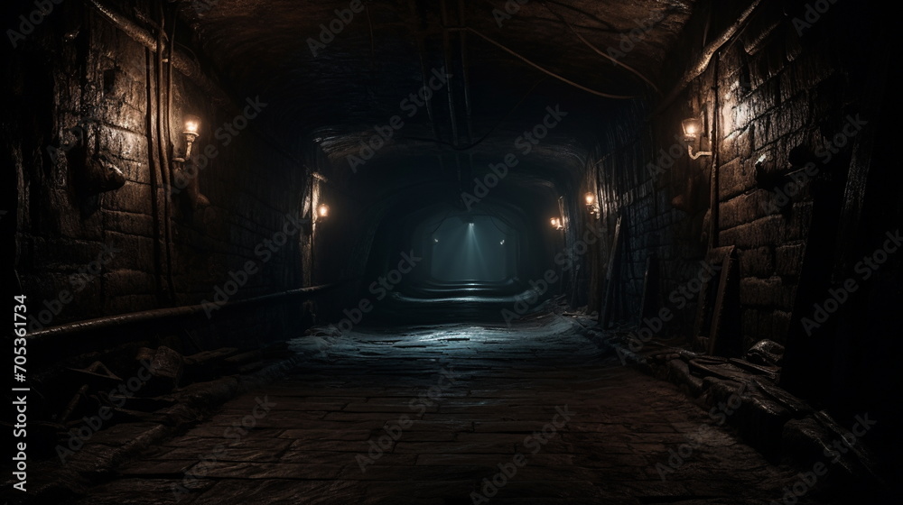 Eerie, scary and mysterious dark underground tunnel or corridor. Dark ...