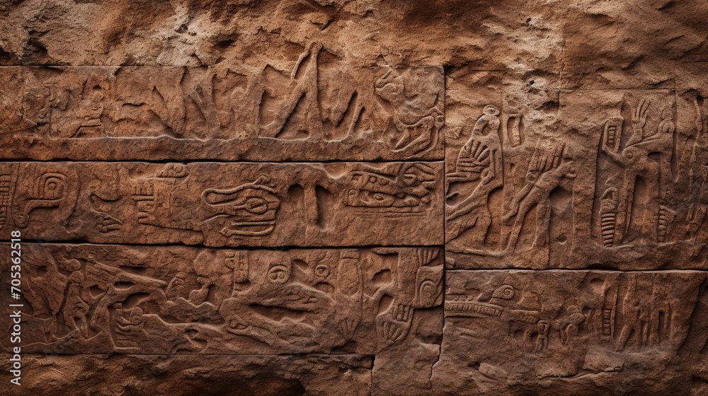 Old ancient Egyptian hieroglyphs carved on the wall of brown stone ...