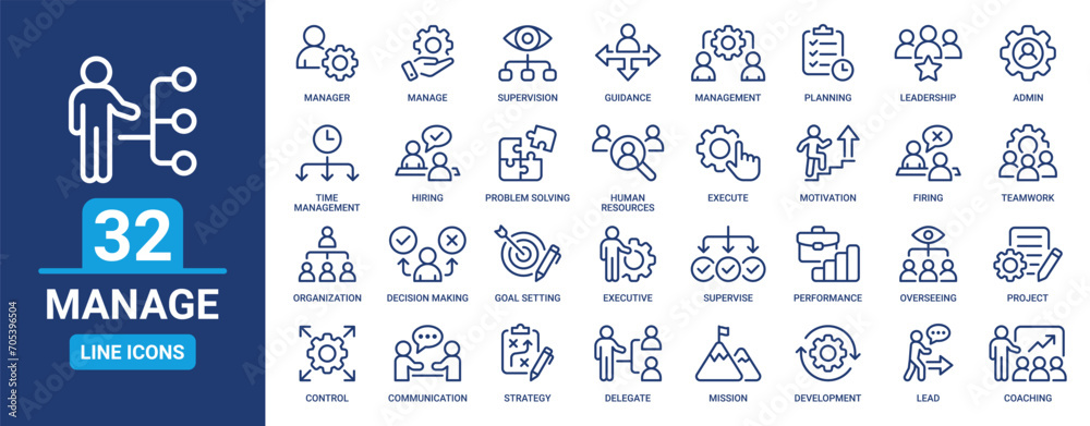 Manage icon set. Containing management, project, supervision ...