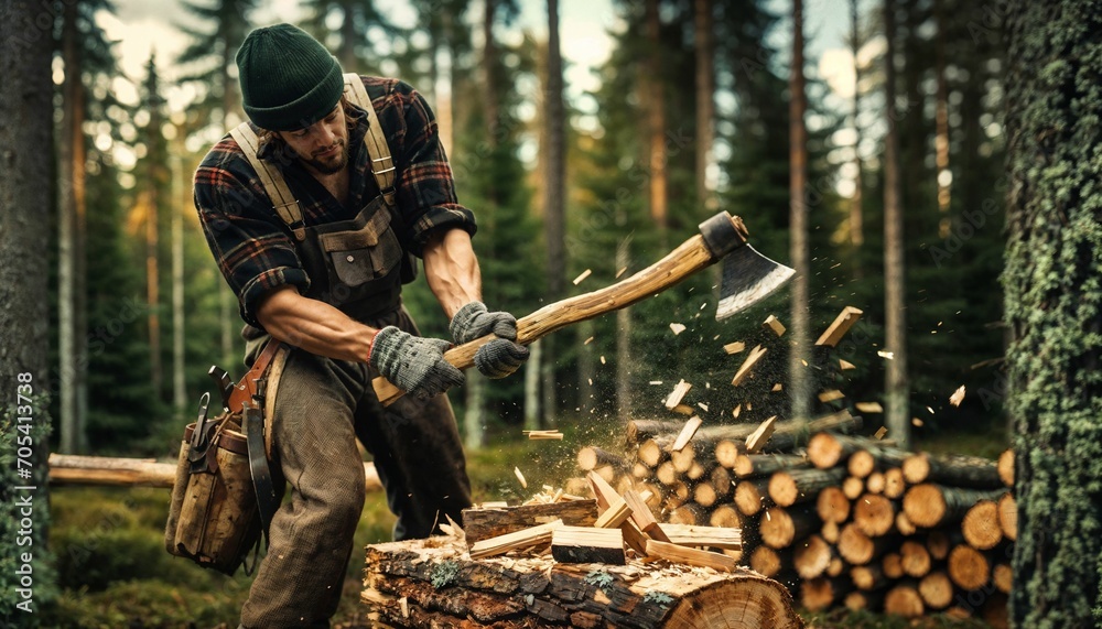 Man chopping wood with axe, winter preparation activity Stock Photo ...