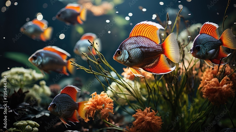 aquascape with colorful plants and flocks of Altum angelfish, Leopold ...