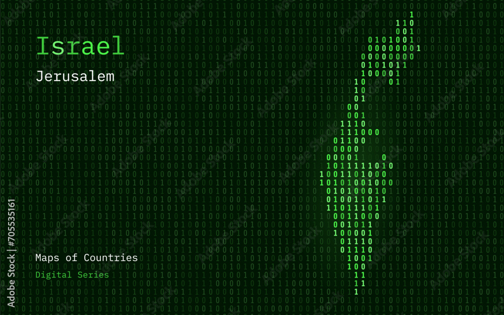 Israel Map Shown in Binary Code Pattern. TSMC. Green Matrix numbers, zero, one. World Countries ...