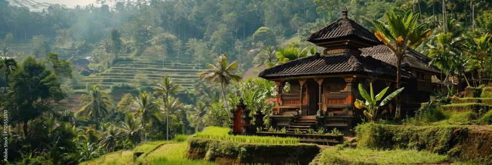 Traditional Balinese house nestled in lush rice terraces, showcasing ...