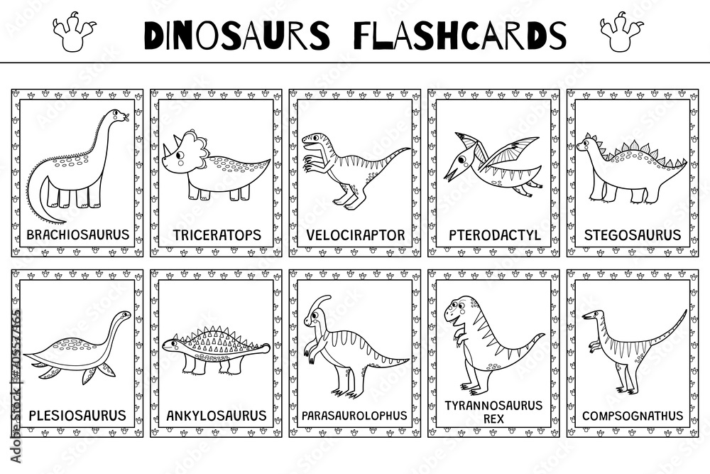 Black and white dinosaurs flashcards collection for kids. Flash cards ...