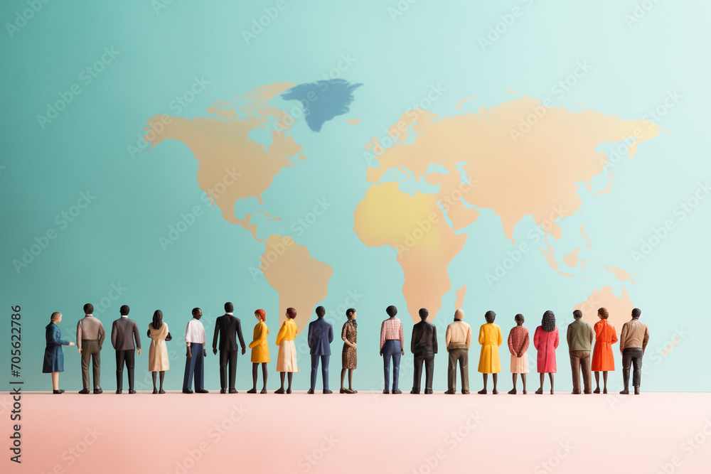 Human figures standing in front of world map, cute human puppet figures ...