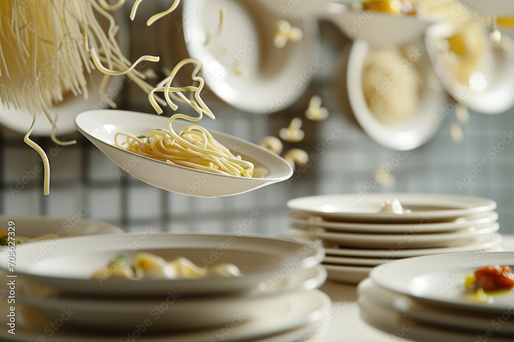 Different types of pasta flying and floating in the air chaotically and ...