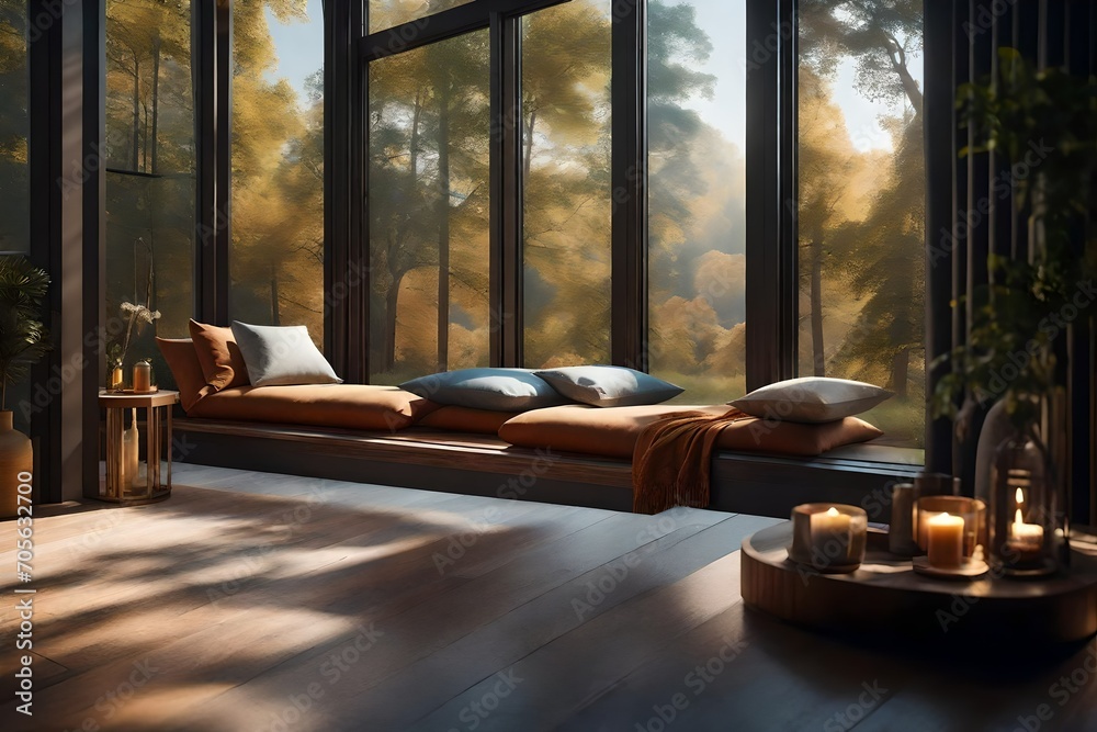 an enchanting 3D render showcasing a side window seat with a ...