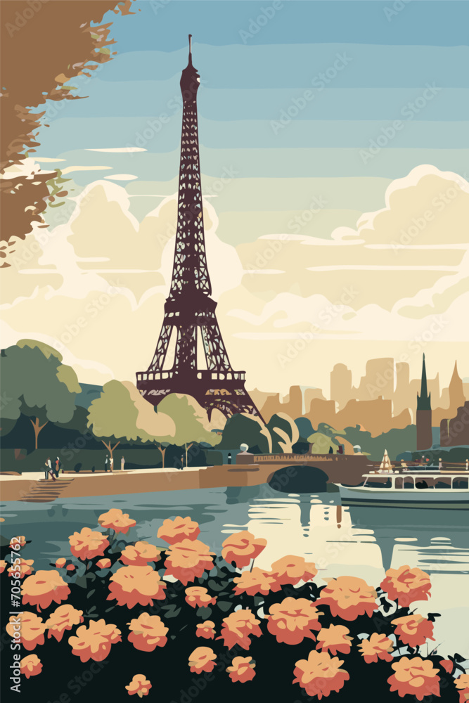 A vintage retro style travel poster for Paris, France with the famous ...