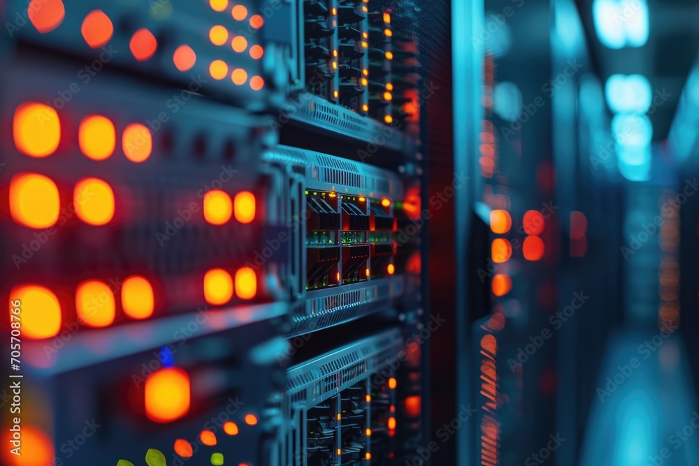 Data storage server room with switchboard Glowing orange as Illuminated ...