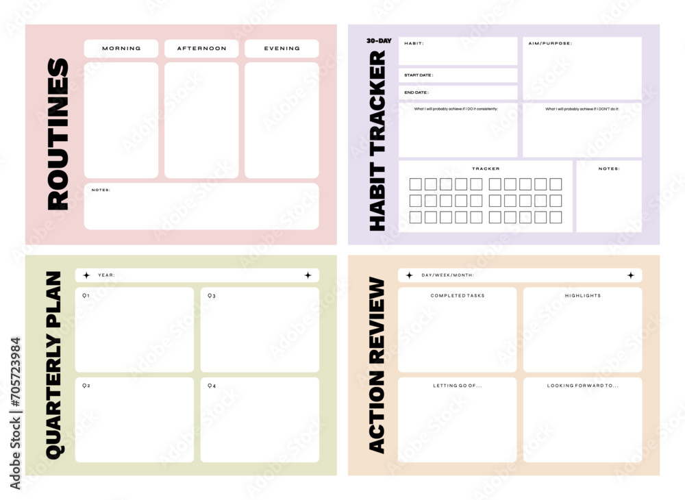 Set of printable vector reflection, habit, intention, routines ...