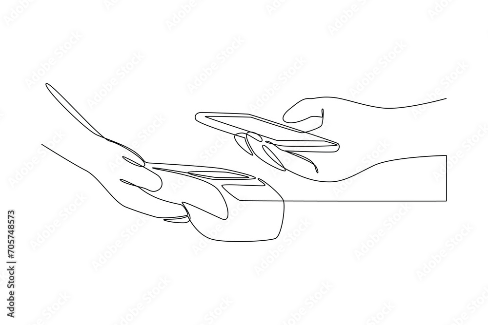 Continuous one line drawing Customers paying at checkout and cashier ...