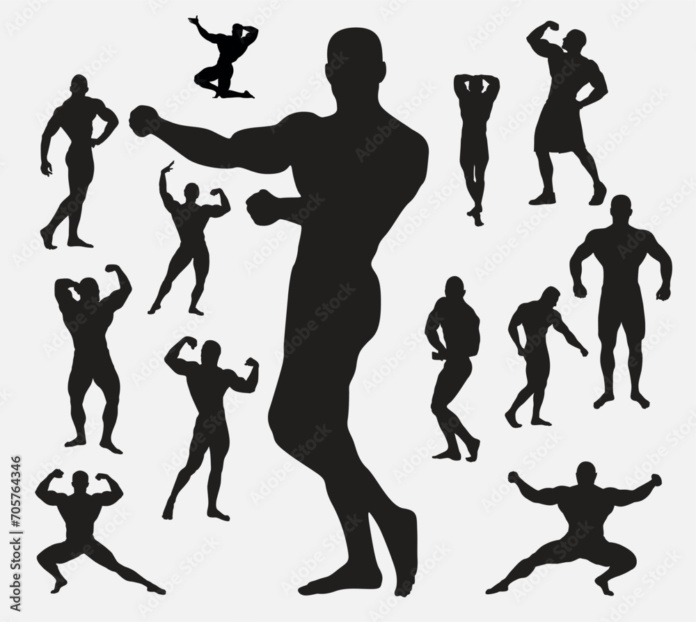 Muscular bodybuilder vector silhouette illustration isolated on white background. Sport man ...