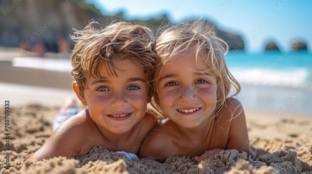 Gorgeous brother and sister ages 4 and 2 have fun digging in the sand ...
