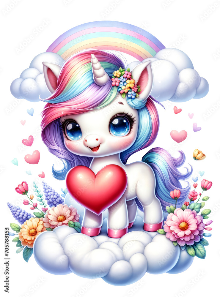 Cute Unicorn with Heart Watercolor Clipart Transparent Background ...