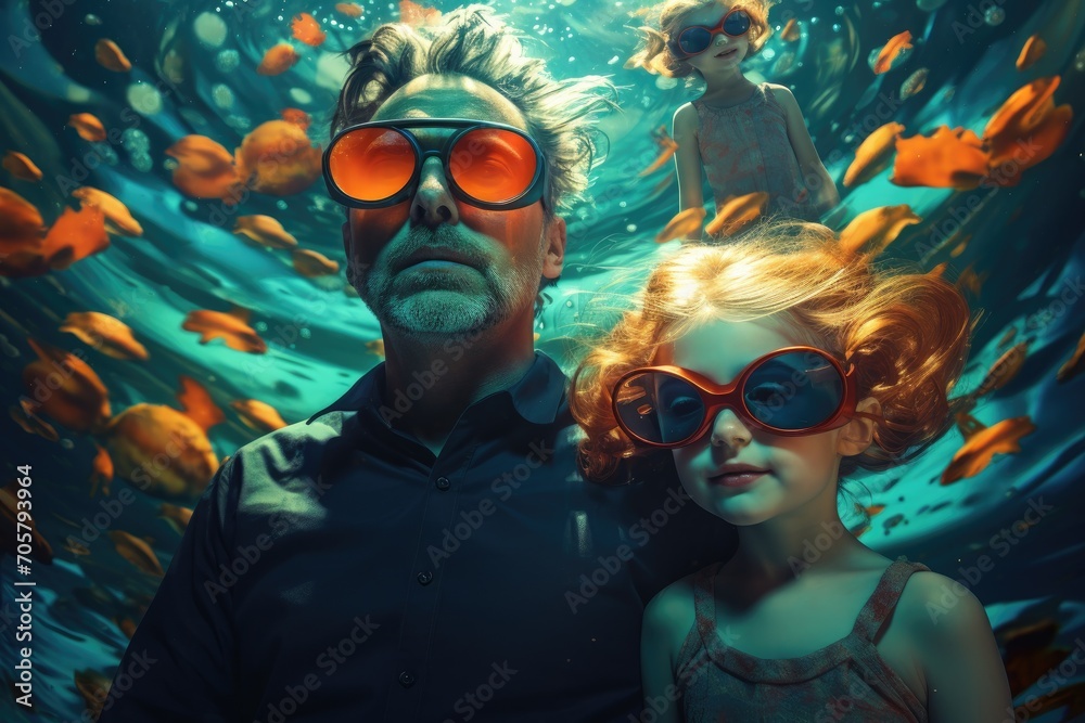 Portrait of a father and his daughter underwater in the sea, Father and ...