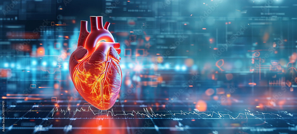 Human heart with cardiogram. Emergency ECG monitoring. Human heart ...