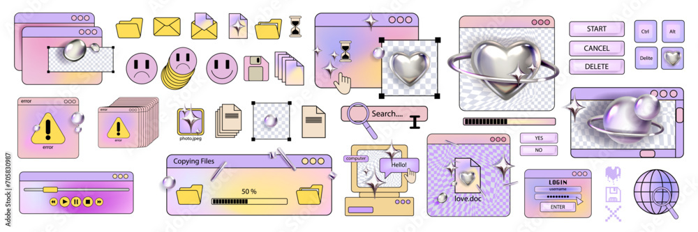 Retro computer window sticker set, vector 90s web old interface ...