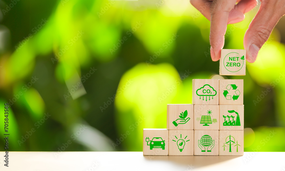 Carbon footprint concept. Hand put wooden cube with net zero icon and green icon on nature ...