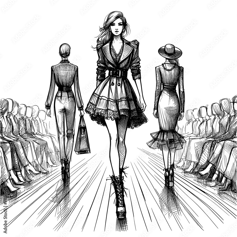 Group of models on a catwalk Hand drawn sketch. Black drawing on ...