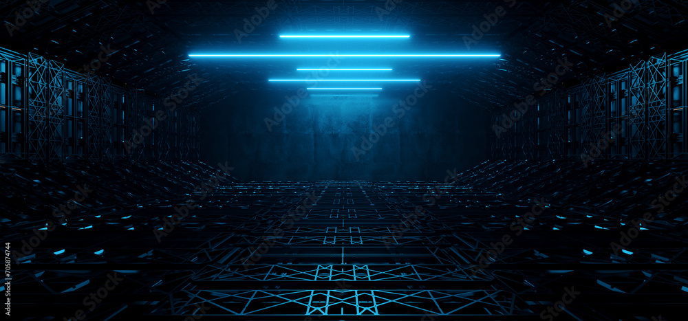 Sci Fi Futuristic Garage Blue Lights Warehouse Tunnel Corridor Metal ...