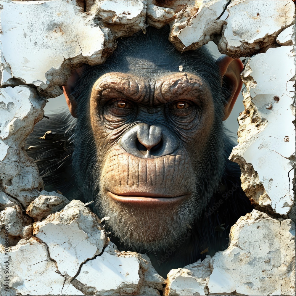 a close up of a monkey looking out of a hole in a wall with paint ...