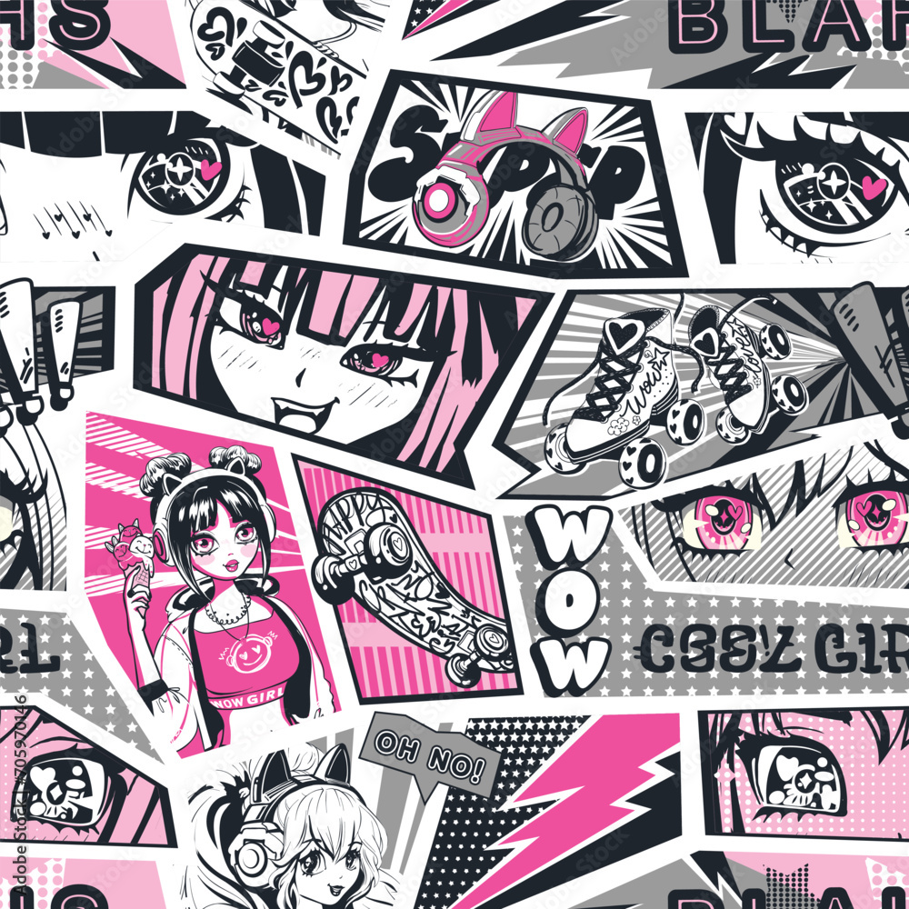 Abstract seamless anime girl pattern with comics style background ...