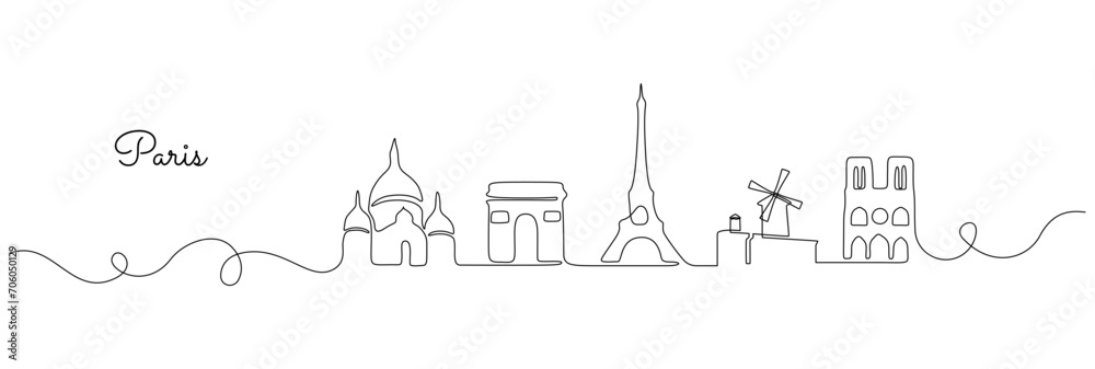 Continuous one line drawing of Paris skyline. French landmarks ...