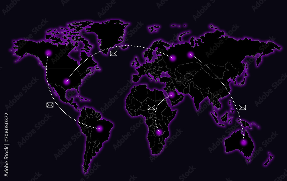 Fast internet connection. World map with letter icons and connected ...