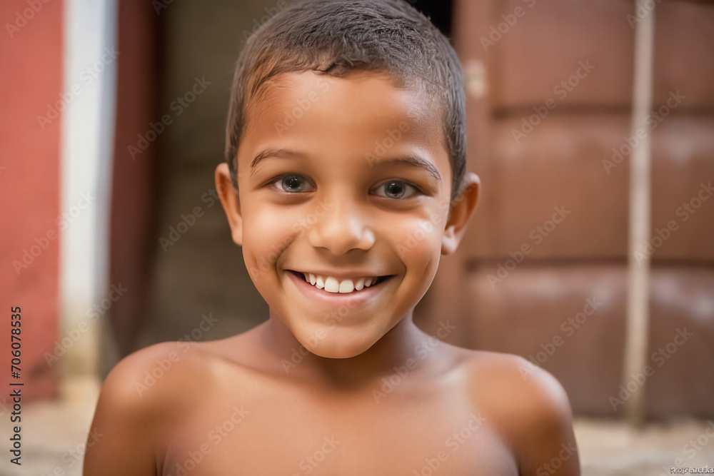 Happy boy in the outskirts, poor neighborhood or favela. Artificial ...