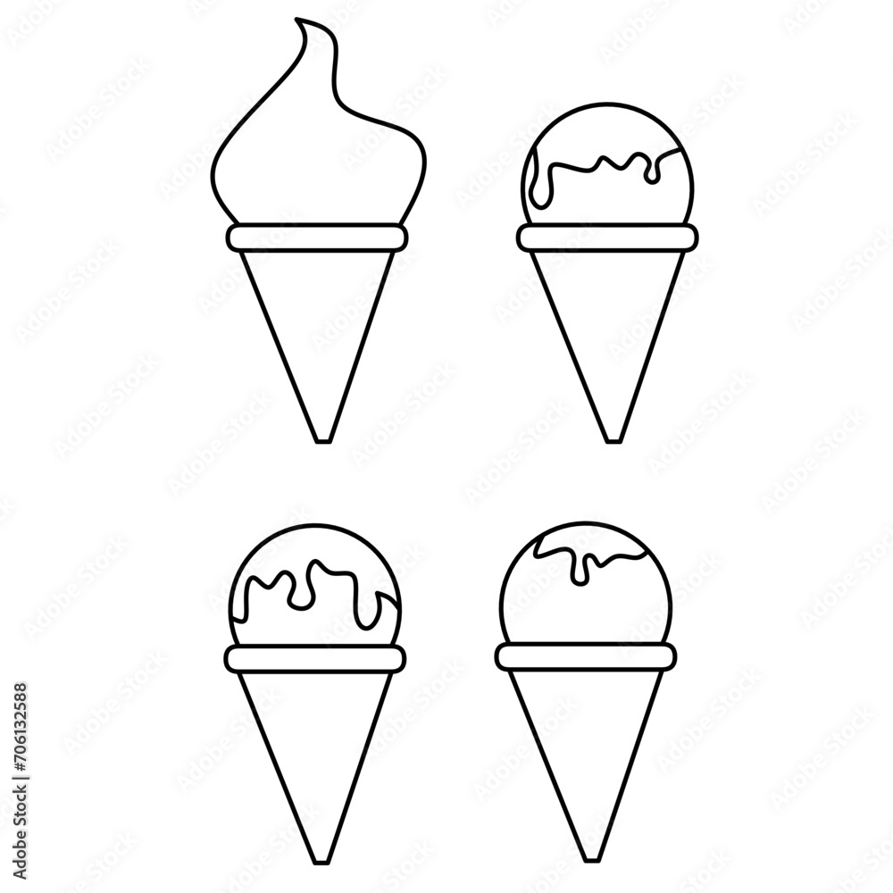 Ice cream cone line art black and white icon set. Suitable for coloring ...