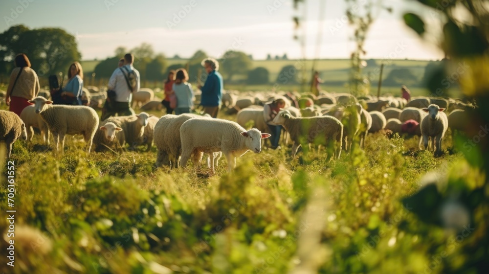 People gather in a field, surrounded by grazing sheep and cows, to ...