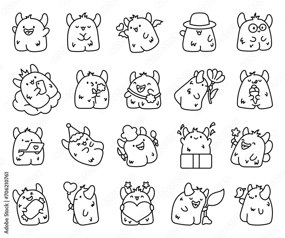 Funny kawaii monster cartoon. Coloring Page. Cute fantastic character ...