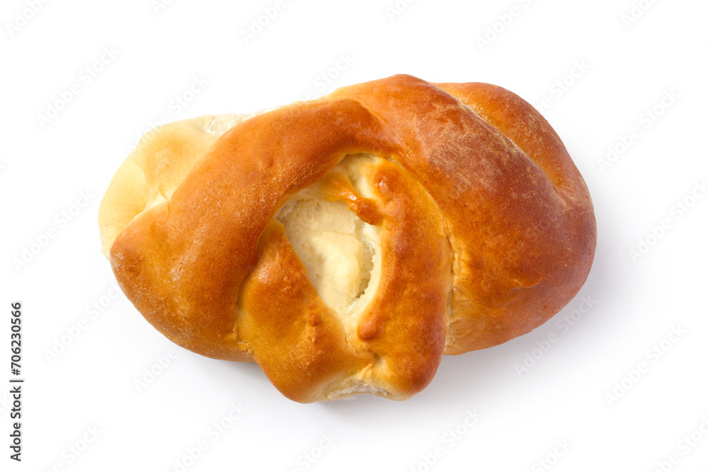 Bun with cottage cheese filling on a white background. Top view ...