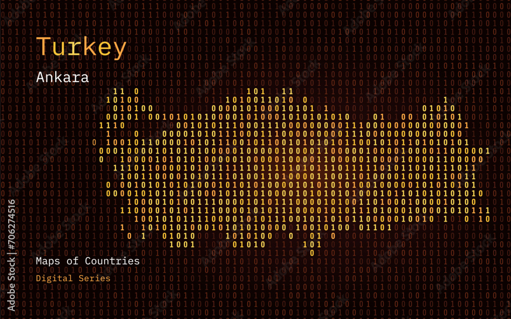 Turkey Map Shown in Binary Code Pattern. TSMC. Gold Matrix numbers, zero, one. World Countries ...