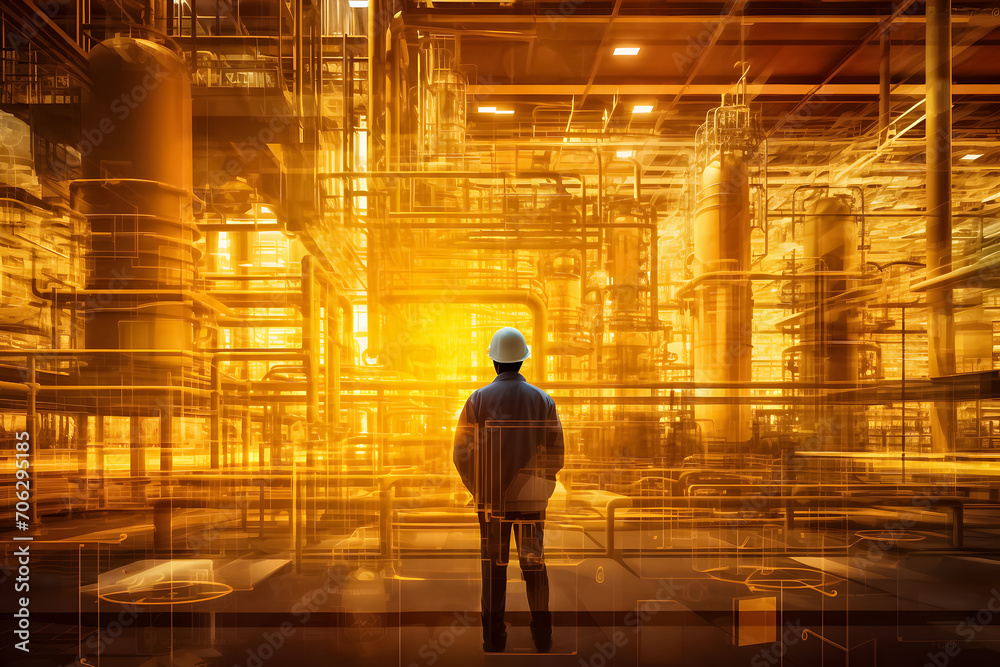 Industry engineer merges with factory backdrop through double exposure ...