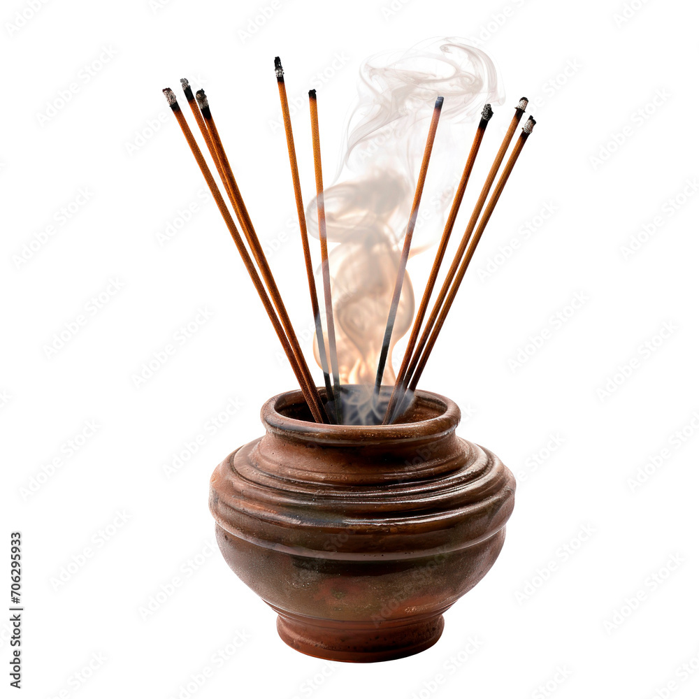 Fragrant incense sticks in a clay pot. Isolated on transparent ...