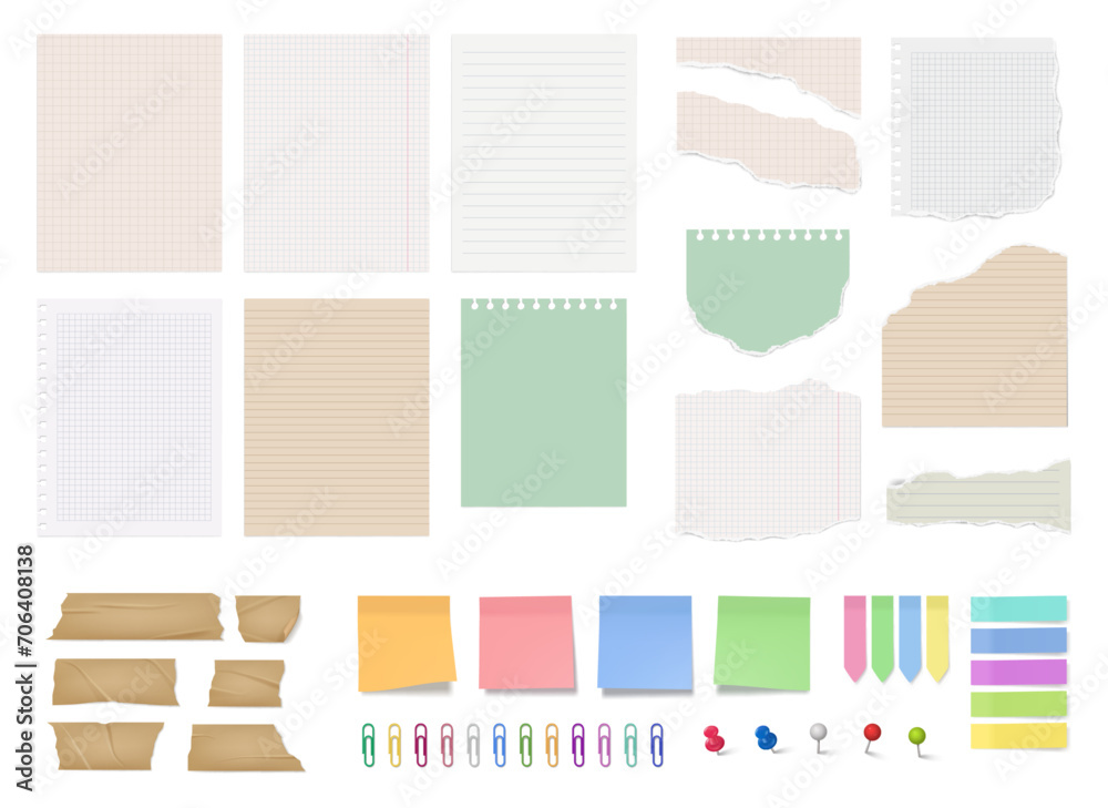Torn empty notebook pages with uneven edges, isolated sticky notes and ...