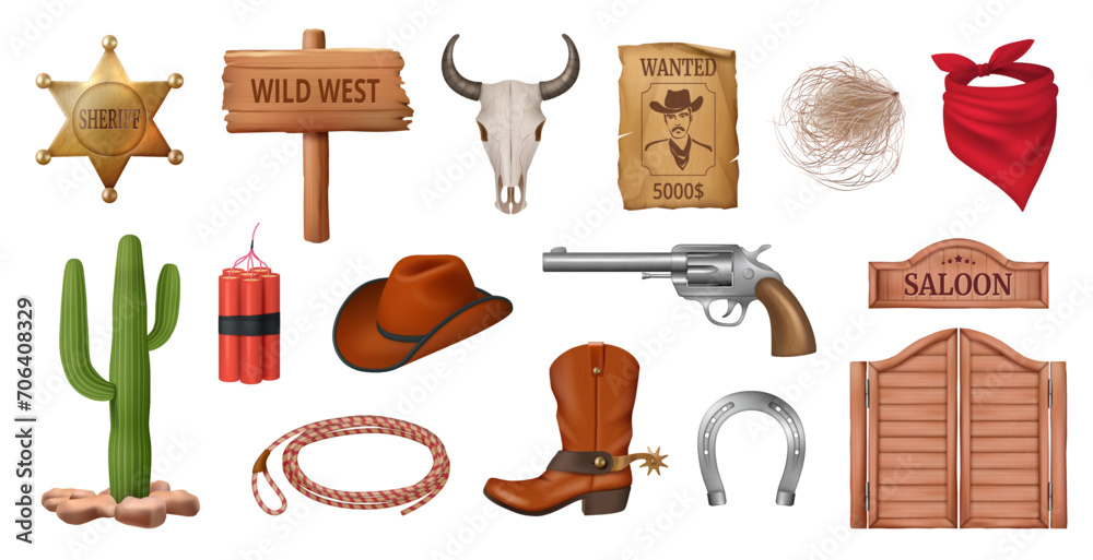 Wild west realistic icons, isolated cowboy character objects for game ...