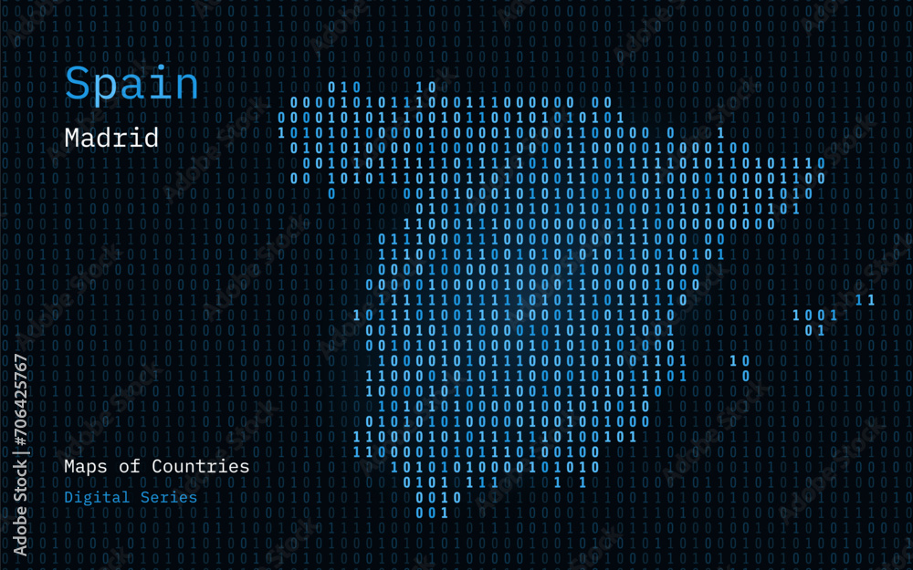 Spain Blue Map Shown in Binary Code Pattern. Matrix numbers, zero, one ...
