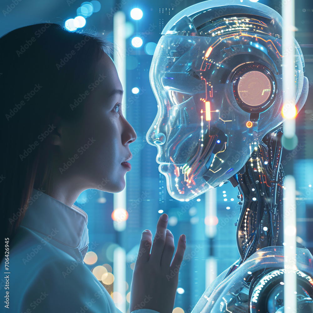 Photo Stock Intimate Gaze: Human and AI Robots Lock Eyes, Symbolizing ...