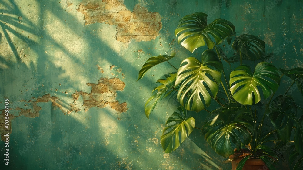 Full shot of trailing Giant Monstera Variegata plant shot growing on an ...