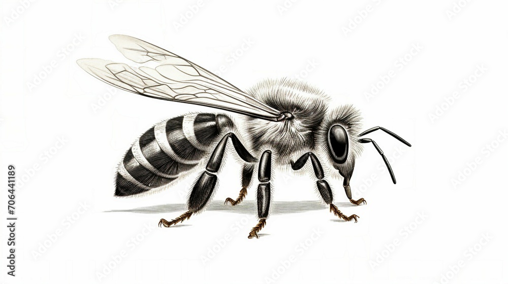 Detailed Vector Engraving Illustration of a Honey Bee on White ...